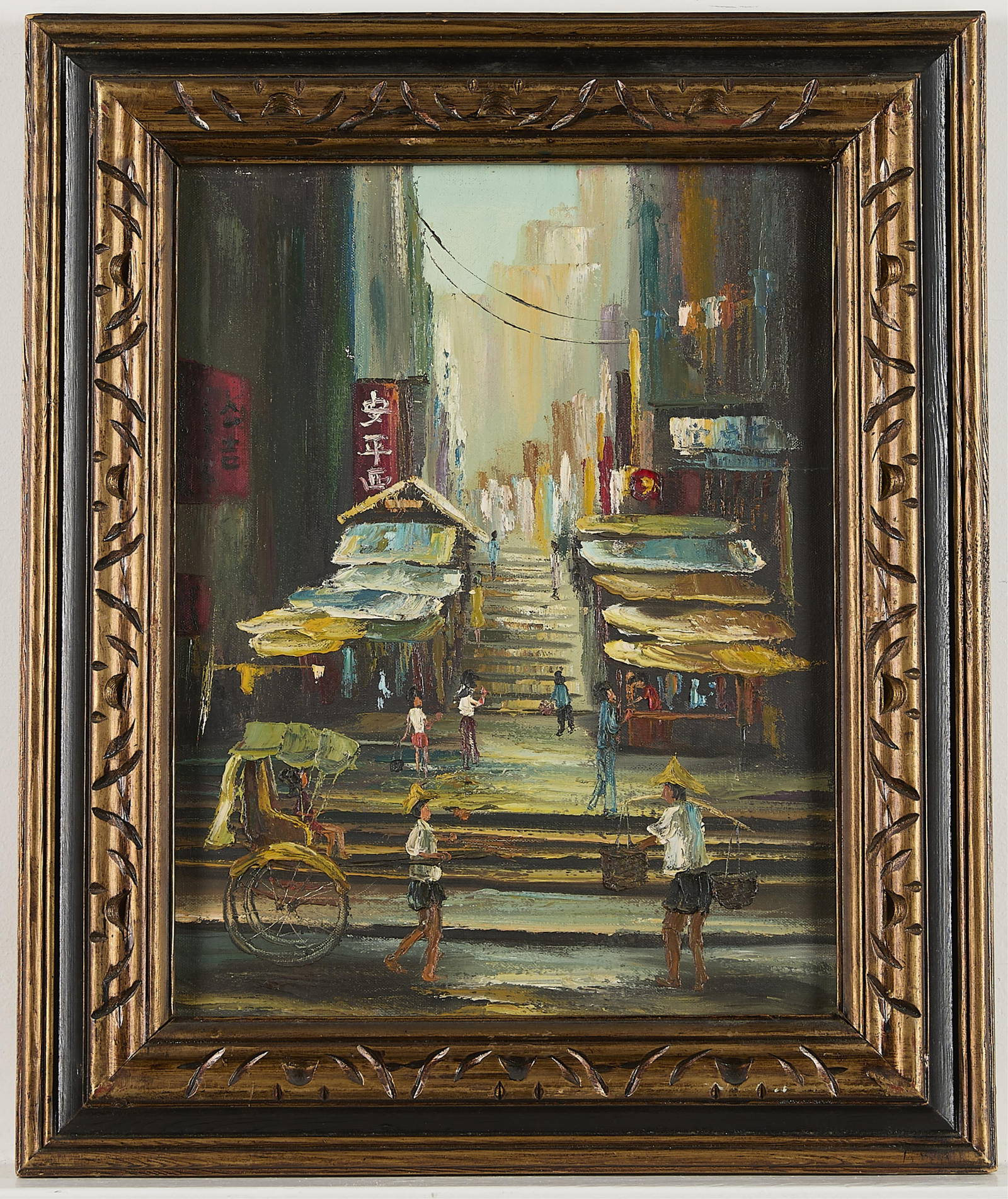 Vintage Original Oil Painting Of Hong Kong Ladder Street Scene Auction