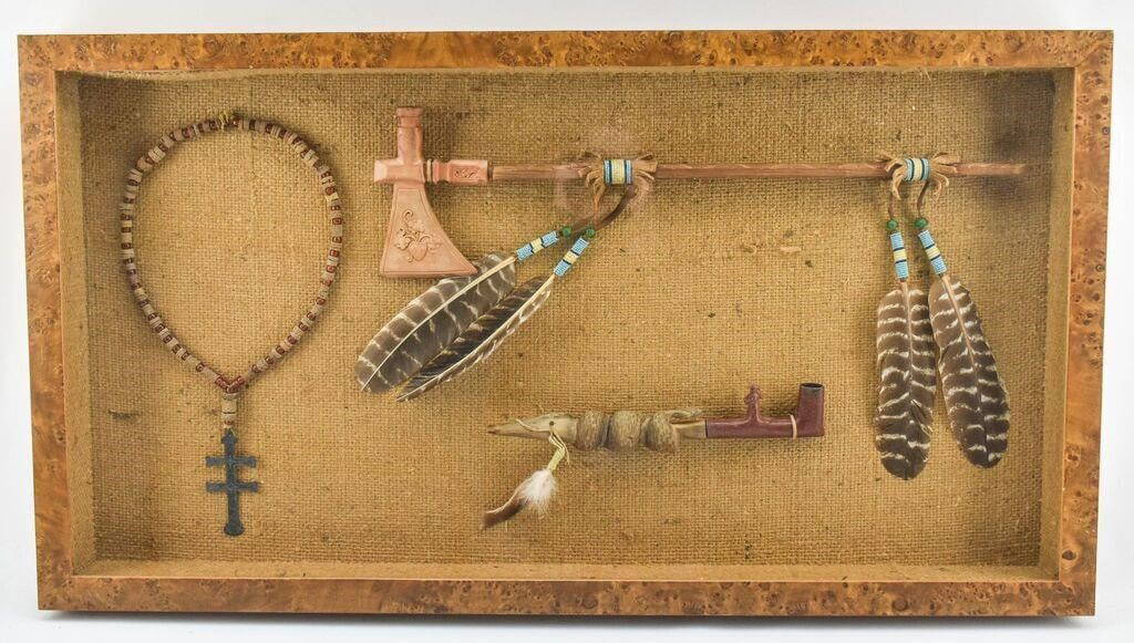 Framed Native American Artifacts: Necklace, Pipe, And Pipestone Auction