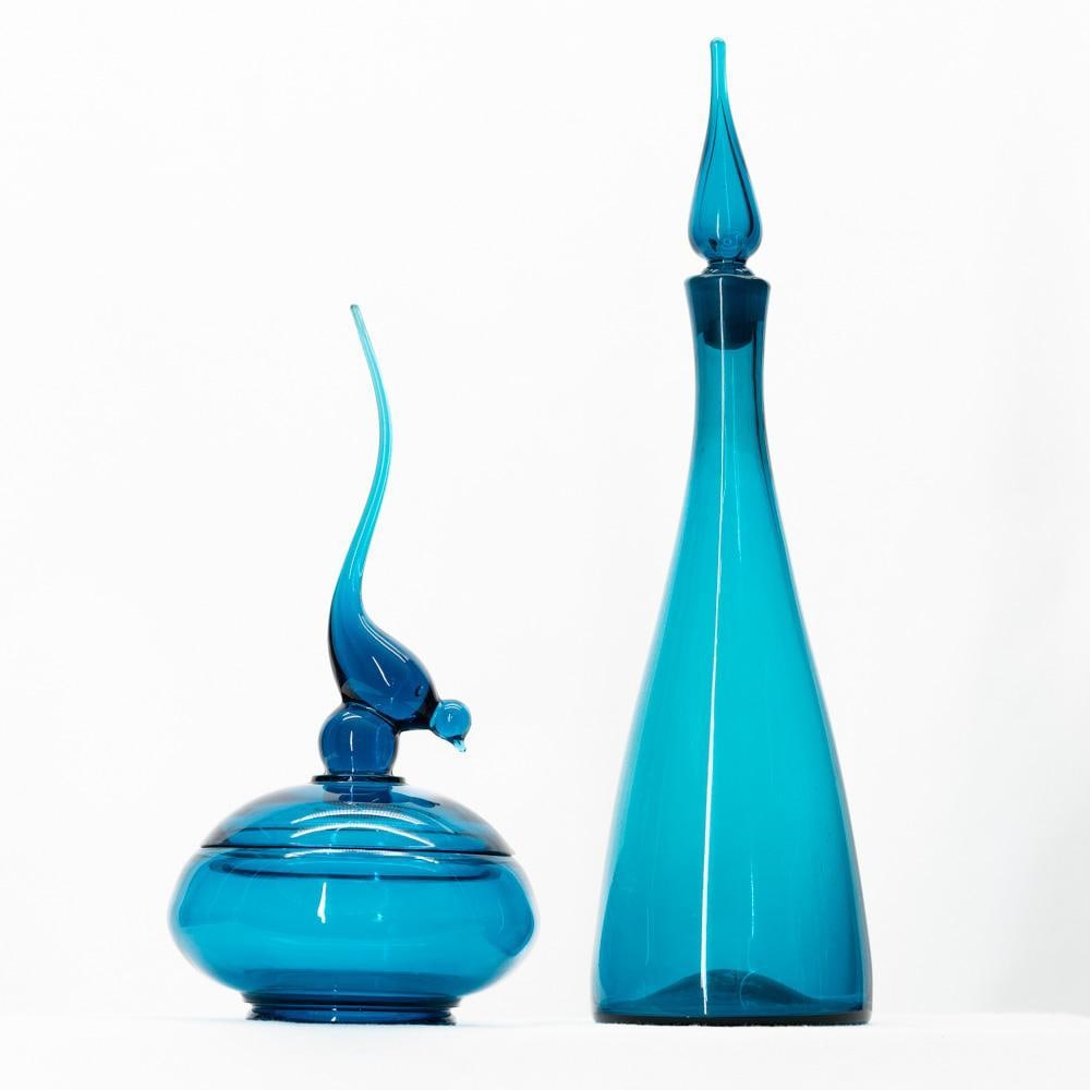 Blenko Blue Decanter With Stopper And Viking Glass Bird Box Auction
