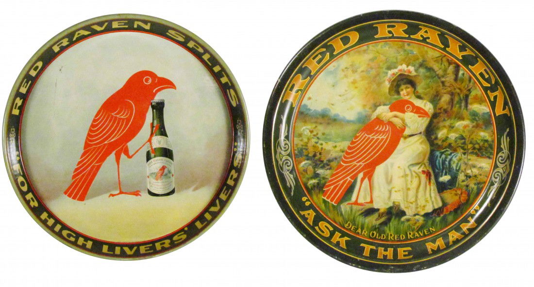 787: Two Red Raven Splits Tin Serving Trays