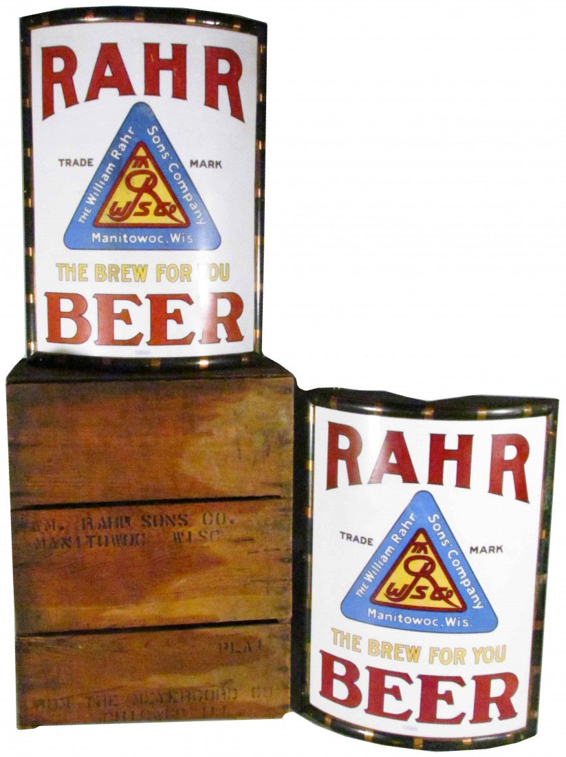 804: Pair of Rahr Beer Vitrolite Signs in original crat