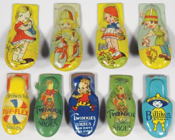 Collection of 9 Tin Litho Cricket Clickers