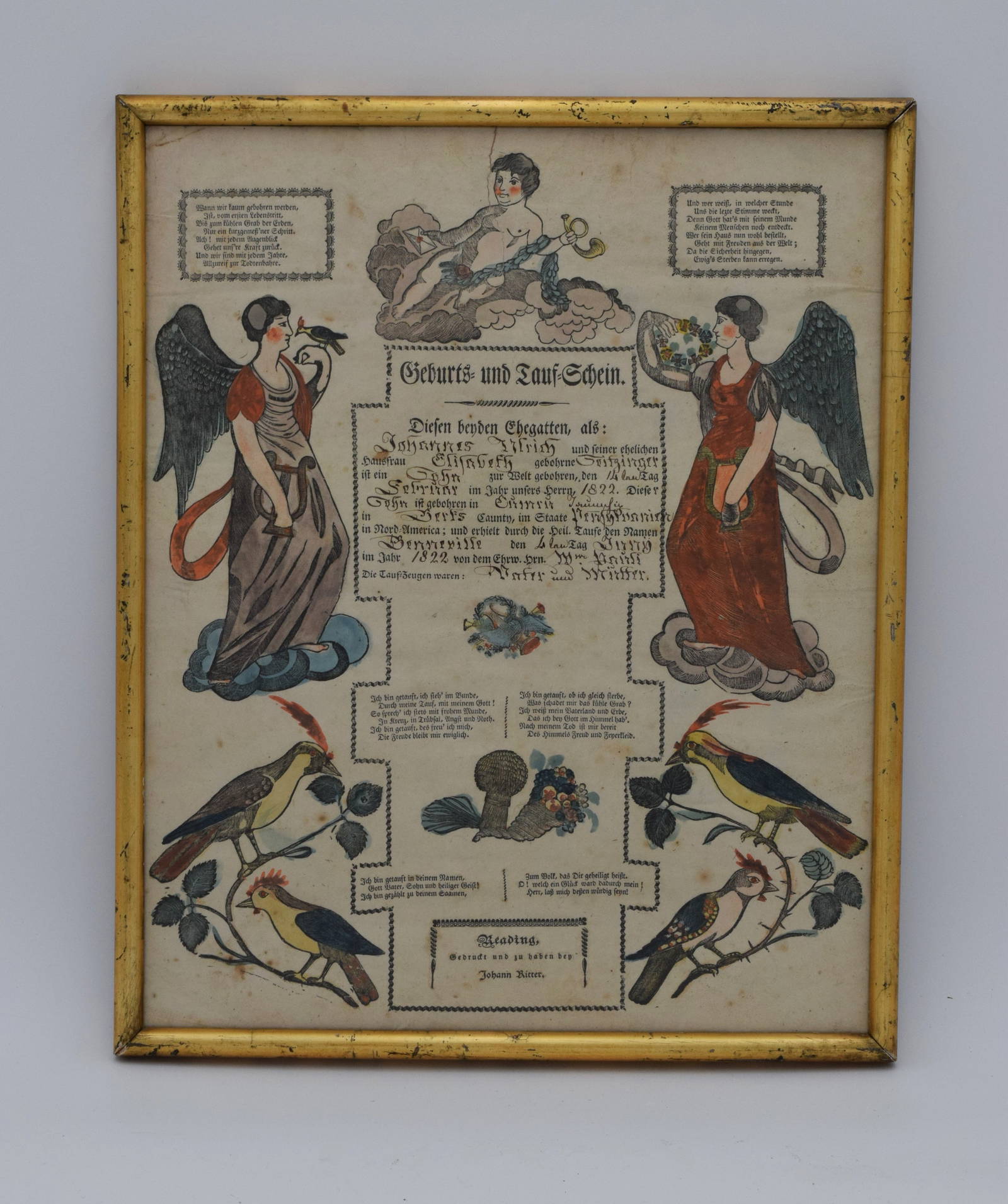Johann Ritter C1822 Framed Folk Art Fraktur Auction