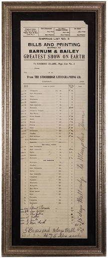 Barnum & Bailey Strobridge & Co. Shipping List.