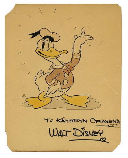 A Donald Duck Card Signed On Behalf Of Walt Disney.