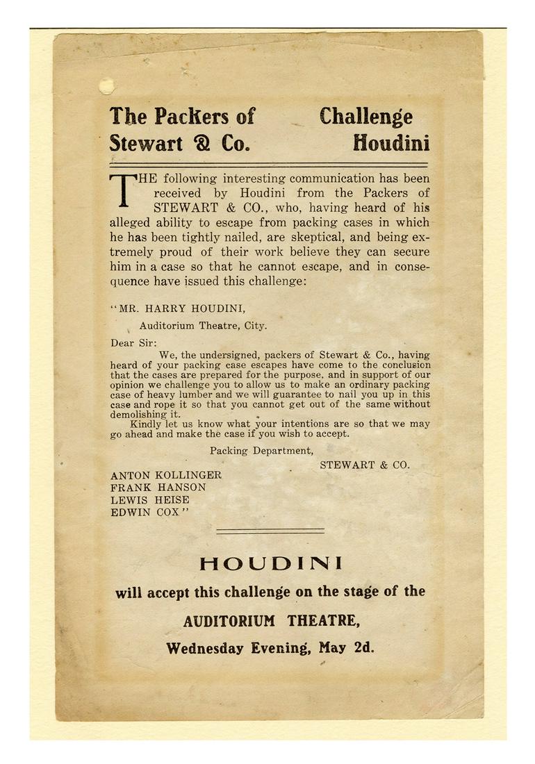 For Auction: Houdini Harry. Houdini Packing Case Escape Challenge ...