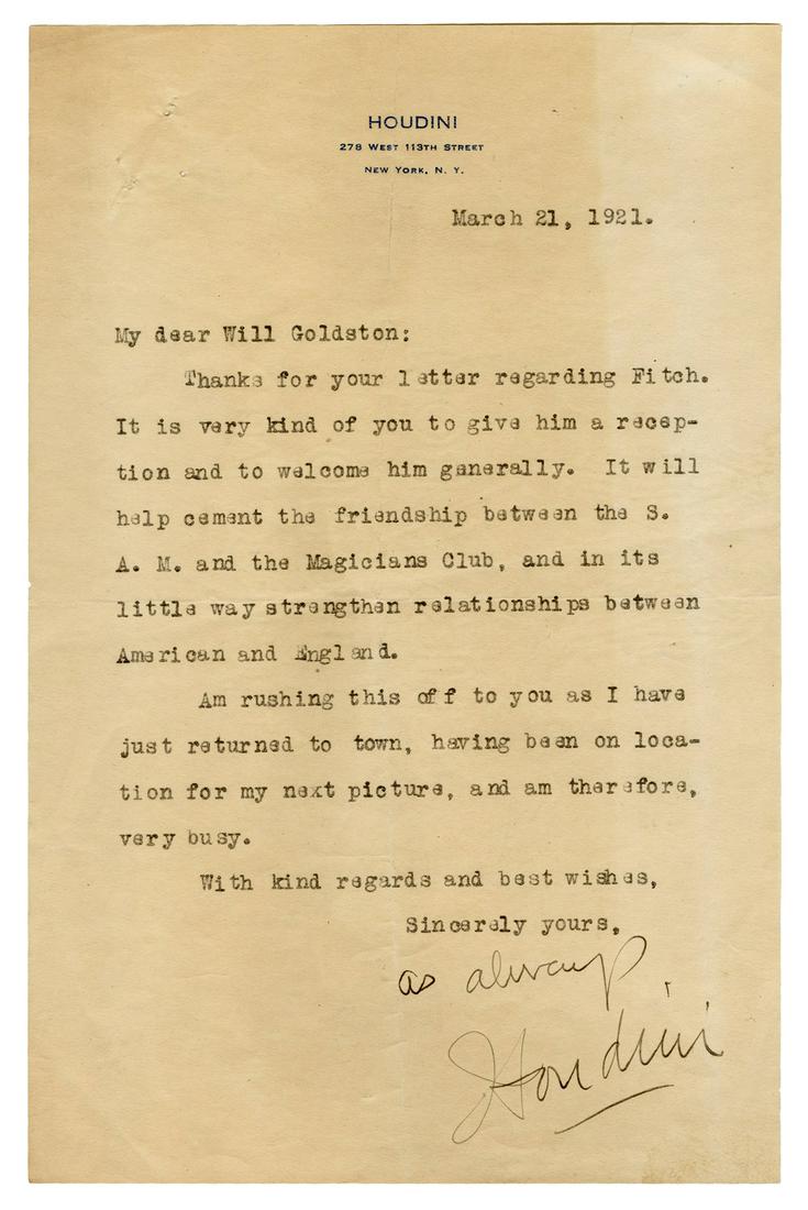 Houdini, Harry (ehrich Weisz). Houdini Typed Letter