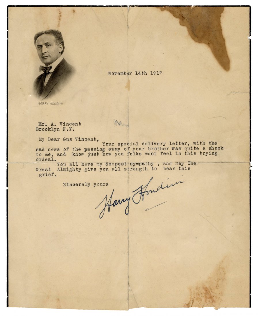 For Auction: Houdini, Harry. Houdini Typed Letter Signed. New York ...