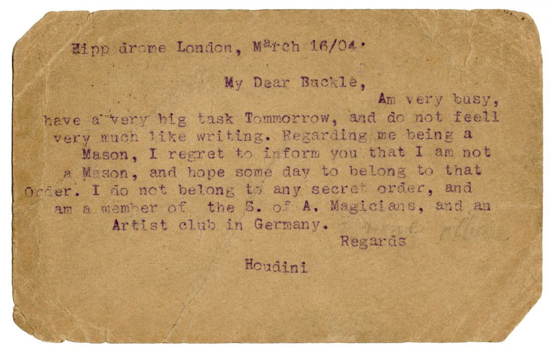 Houdini, Harry. Harry Houdini Typed Postcard. London: - Jul 25, 2020 ...