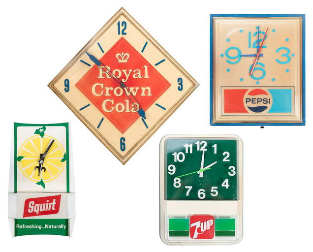 Four Vintage Soda Advertising Clocks. Circa 1970s.