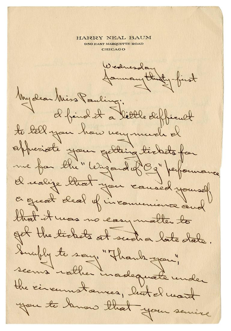 [BAUM, L. Frank, association]. BAUM, Harry Neal - Mar 13, 2021 | Potter ...