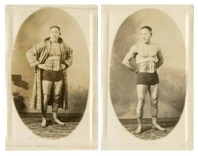 Pair Of Rppcs Of Japanese American Strongman / Wrestler