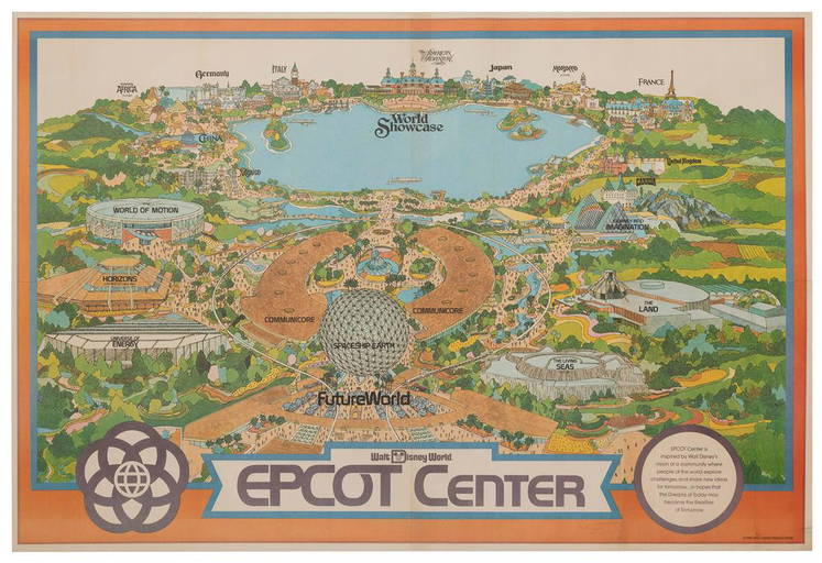 Walt Disney World Epcot Center 1982 Map Poster. Offset