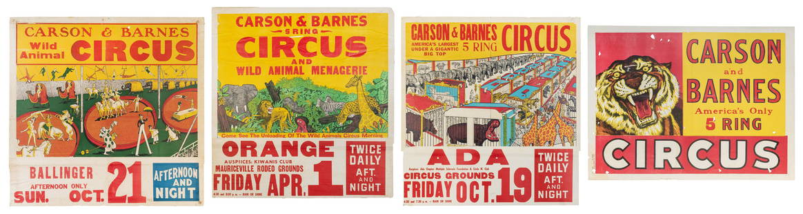 Four Carson & Barnes Circus Posters. Circa 1950s/60s. A Gro...