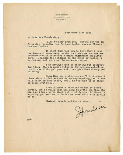 Houdini, Harry (ehrich Weisz). Typed Letter Signed (“houdin...