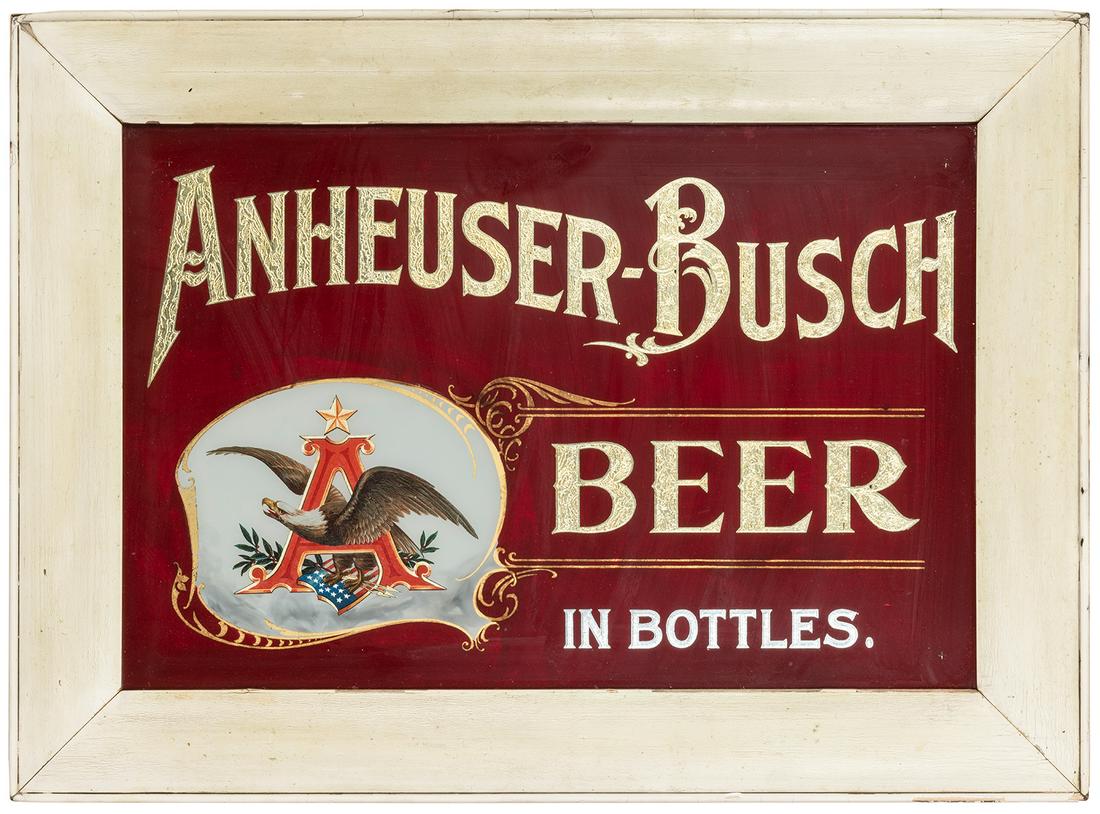 Reverse-Glass Anheuser Busch Sign. Circa 1910s. Red reverse-painted sign with letters in gilt ...