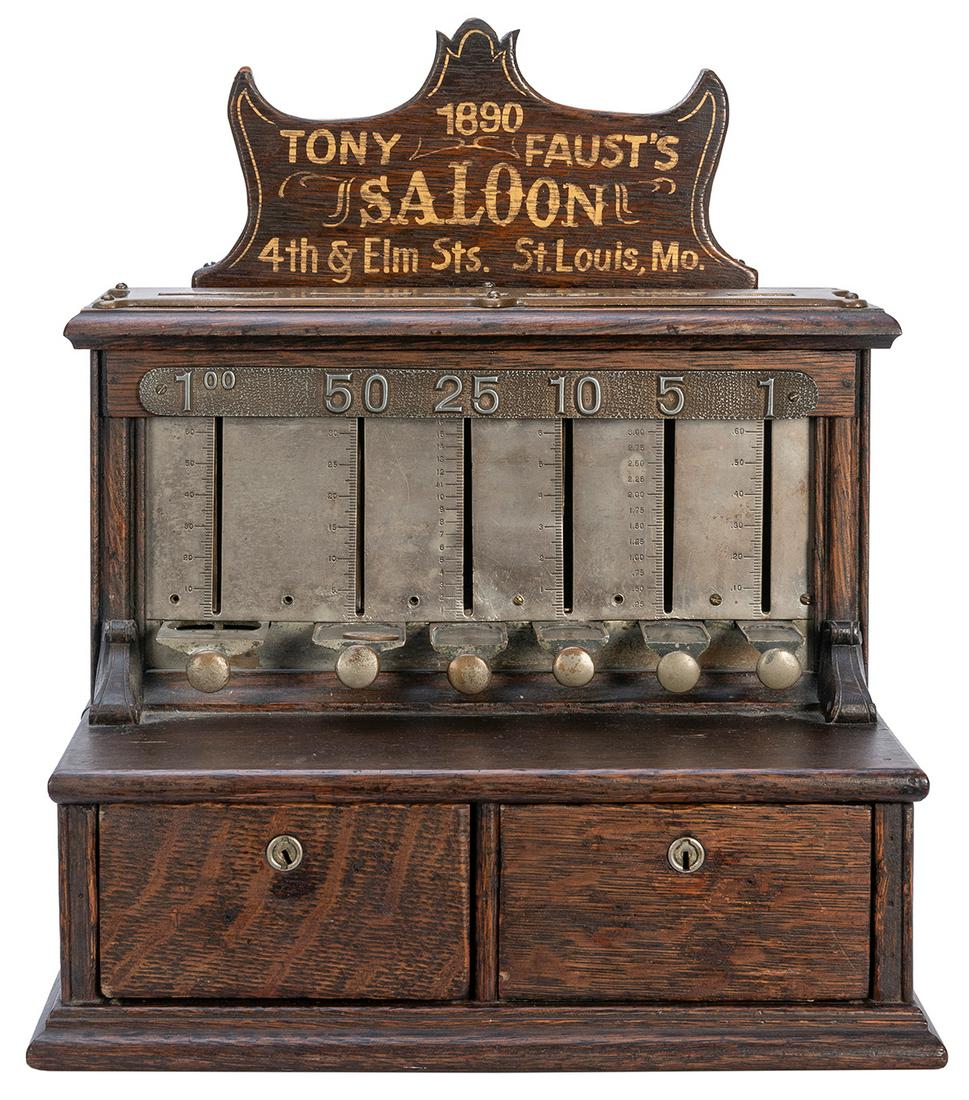 FAUST, Tony (1836-1906). Tiger Oak Coin Bank. Circa 1910s. Wooden coin ...