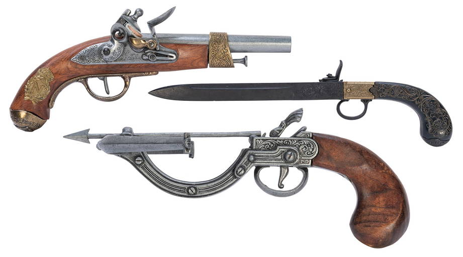 Group of 2 non-firing replicas of flintlock pistols and 1 pistol ...