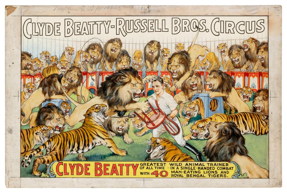 [poster Maquette]. Clyde Beatty - Russell Bros. Circus / Cl... Auction