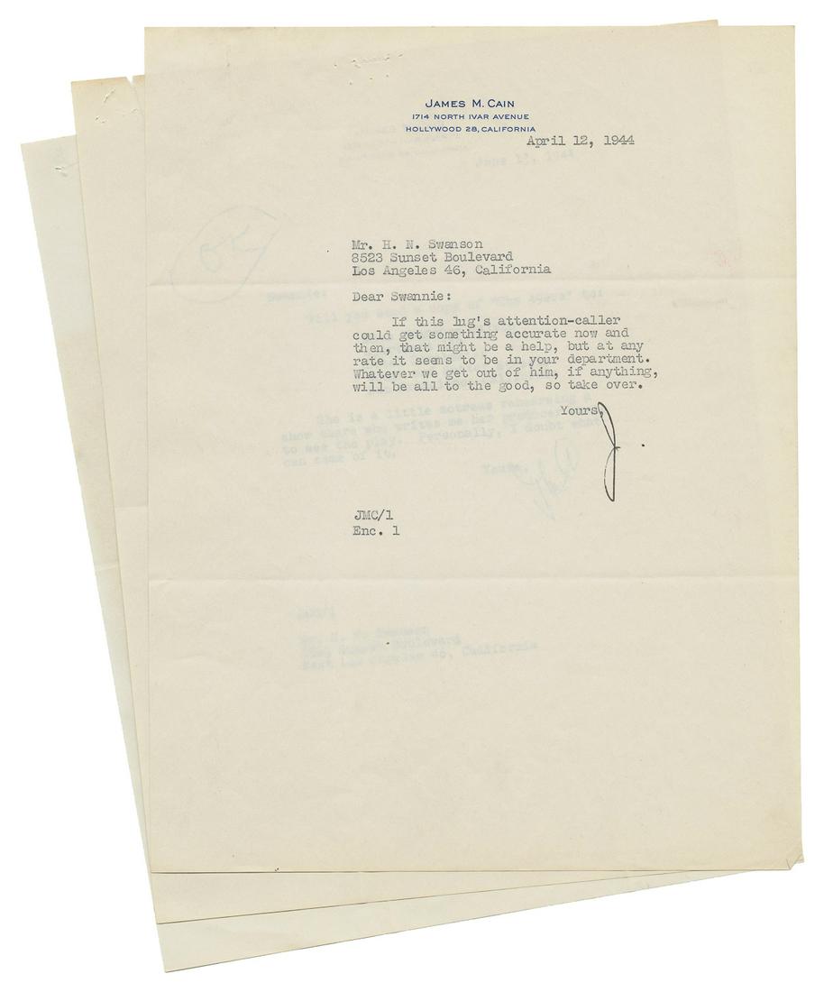 Cain, James M. (1892-1977). A Group Of 3 Typed Letters Sign... Auction
