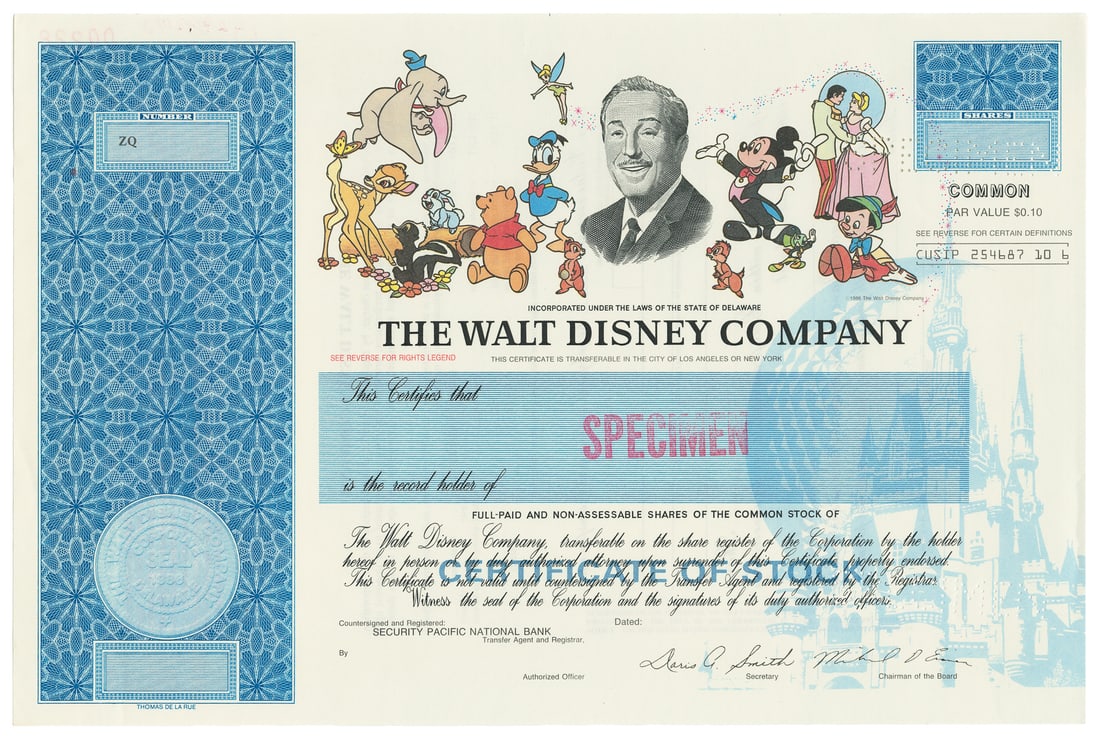 [stocks]. [the Walt Disney Company]. A Pair Of Specimen Sto... Auction