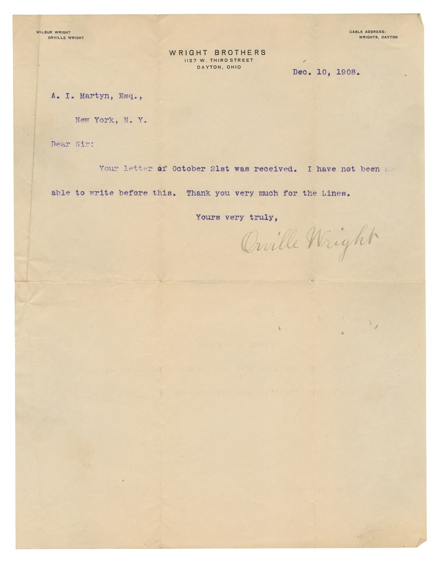 [aviation]. Wright, Orville (1871-1948). Typed Letter Signe... Auction