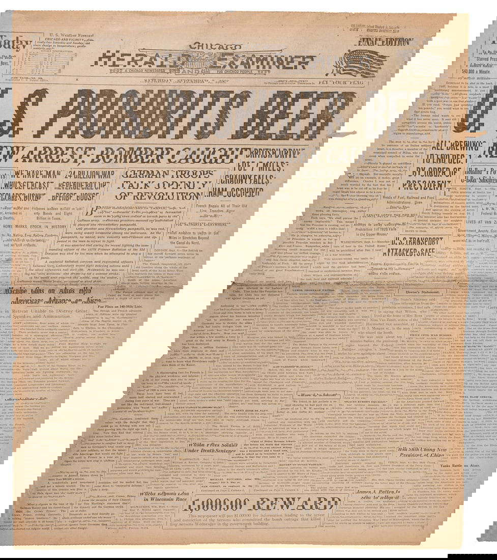 [prohibition]. Chicago Herald Examiner. 28th Year, No. 104.... Auction