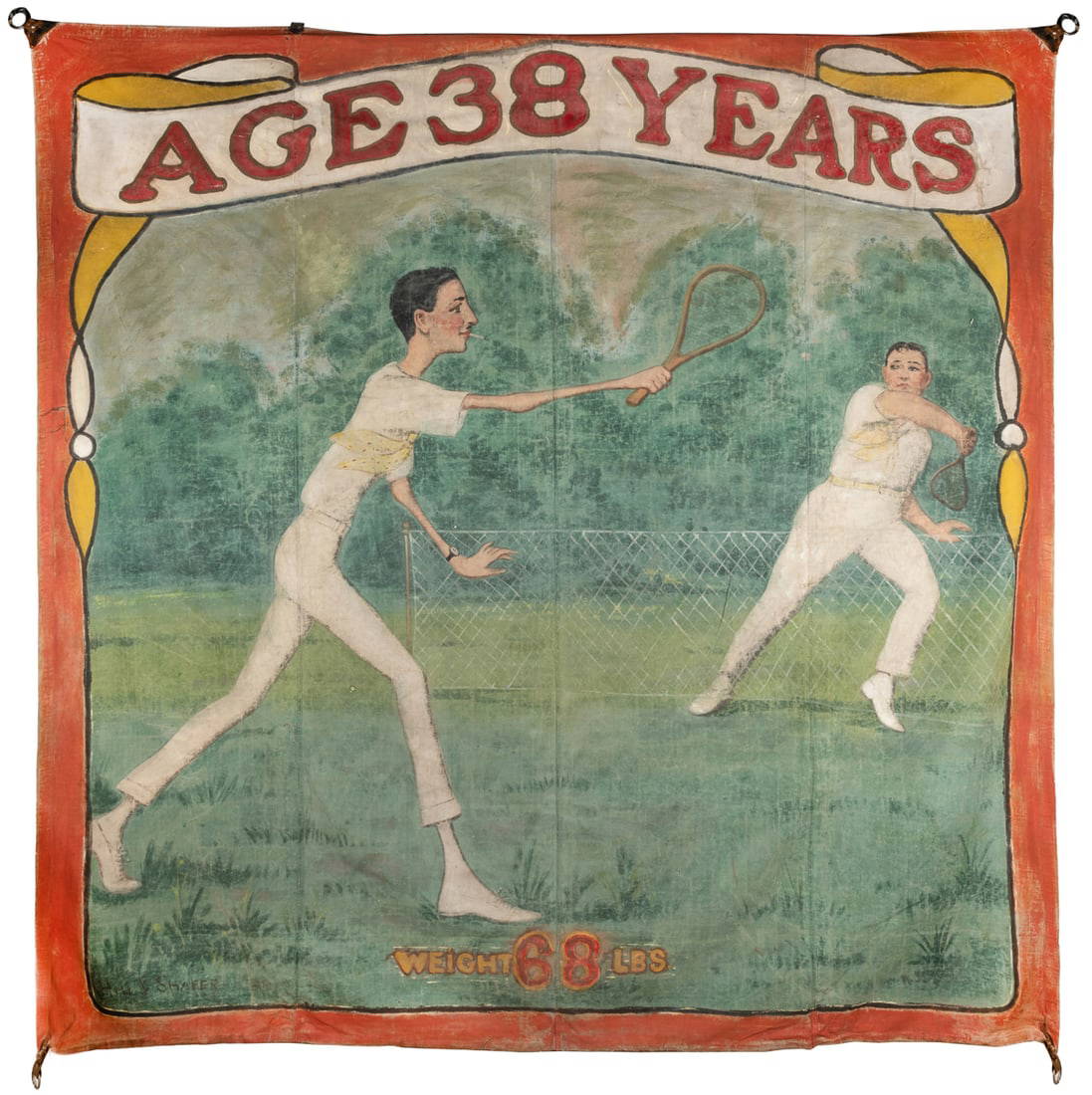 Age 38 Years / Weight 68 Lbs. Human Skeleton Sideshow Banne... Auction