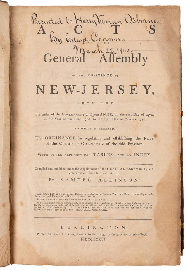 [pre-revolutionary War Laws]. Allinson, Samuel (1739-1791).... Auction