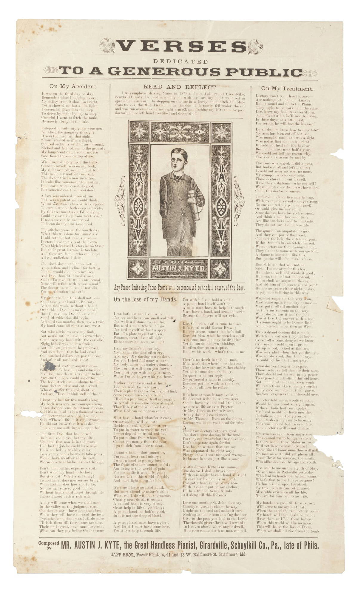 [amputee]. Kyte, Austin Jerome. Verses Dedicated To A Gener... Auction