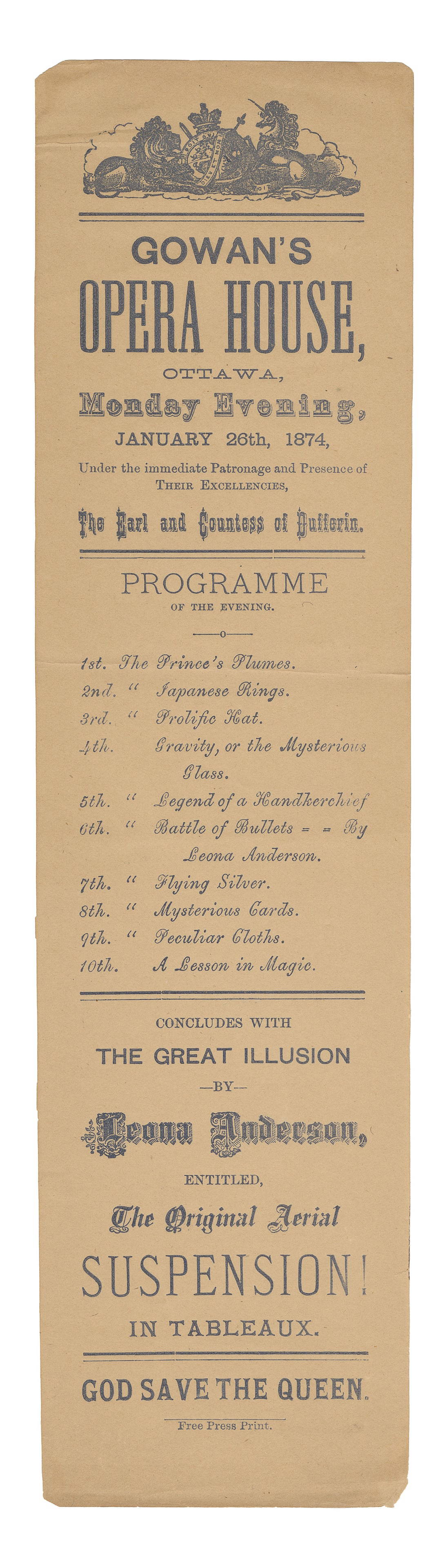 Anderson, Leona. Leona Anderson Handbill. Ottawa, 1874. Let... Auction