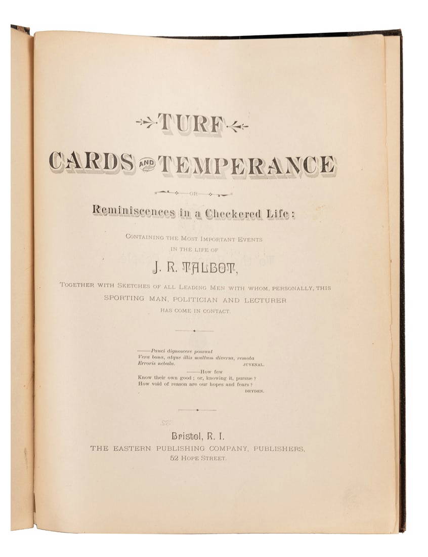 Talbot, J.r. Turf, Cards And Temperance; Or Reminiscences O... Auction