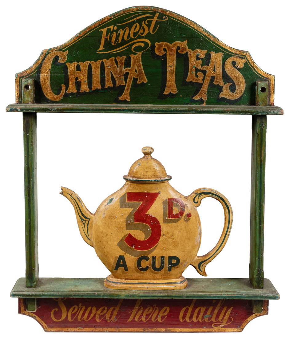 Finest China Teas Figural Painted Advertising Sign. English... Auction
