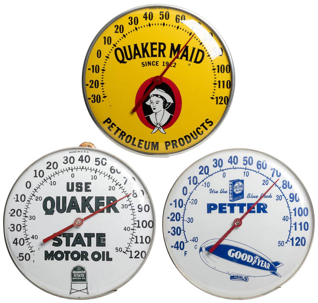 Two Advertising Dial Thermometers. Two Round Pam Style Alum... Auction