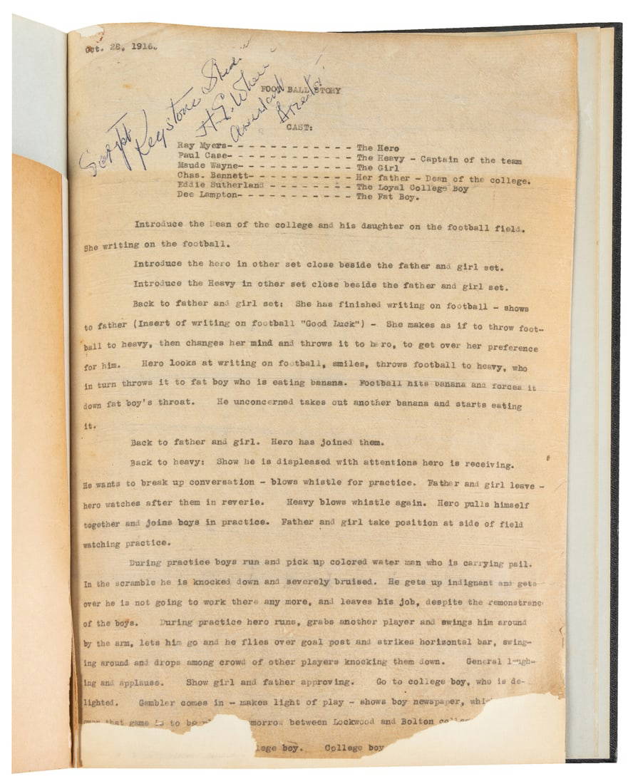 Keystone Kops “football Story” Film Script. N.p., Ca. 1916.... Auction