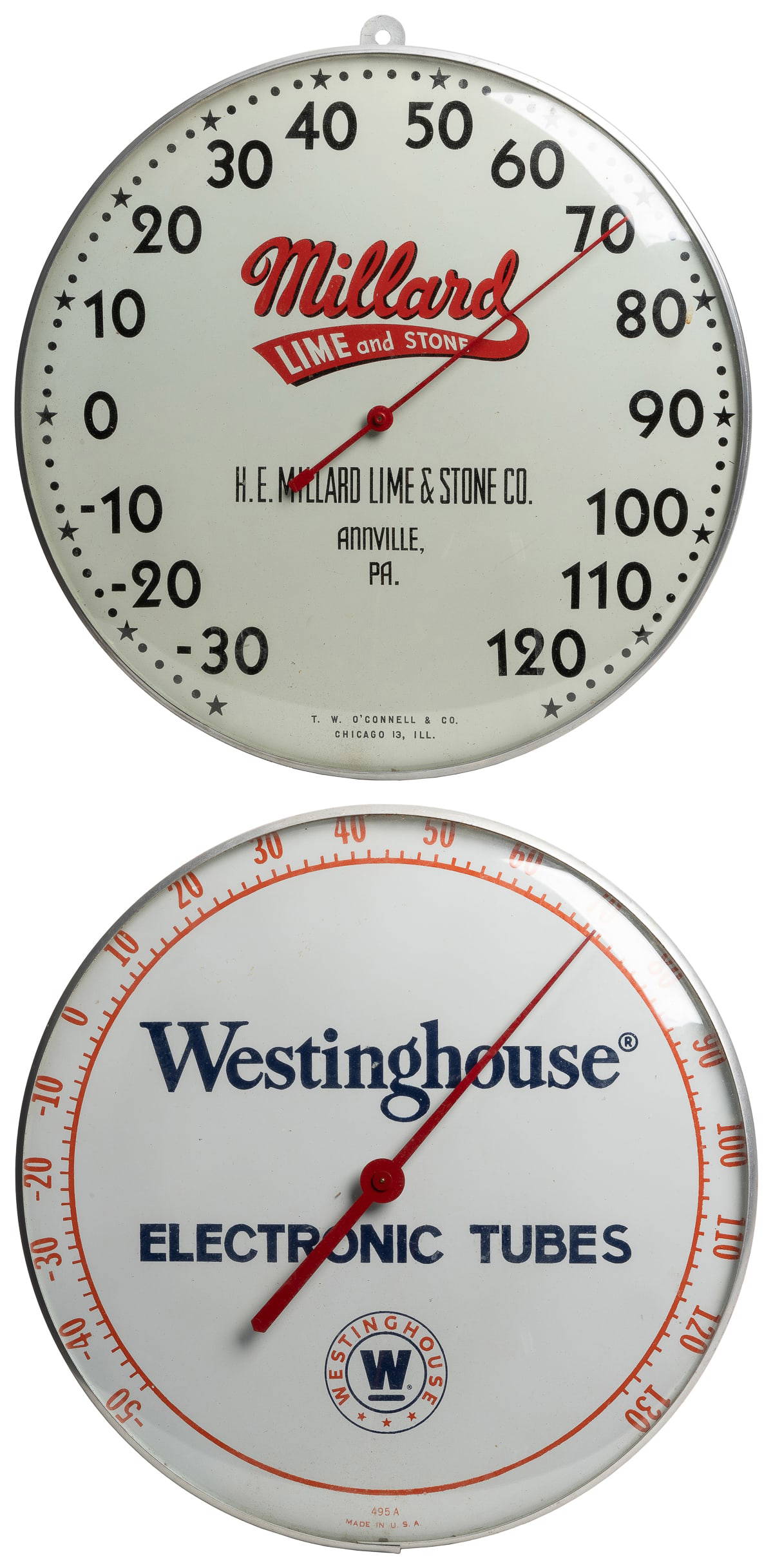 Two Advertising Dial Thermometers. Two Round Pam Style Alum... Auction