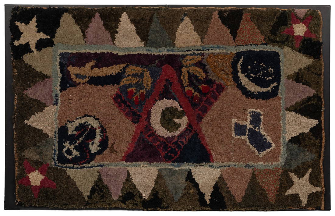 [folk Art]. Masonic Hooked Rug. Circa 1900. Mounted To Two ... Auction