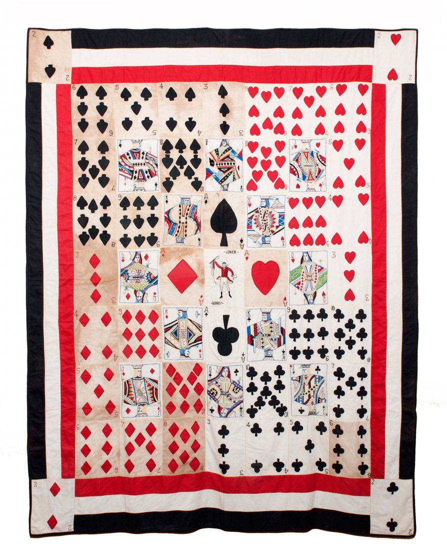 Hand Embroidered Folk Art Playing Card Quilt. American,