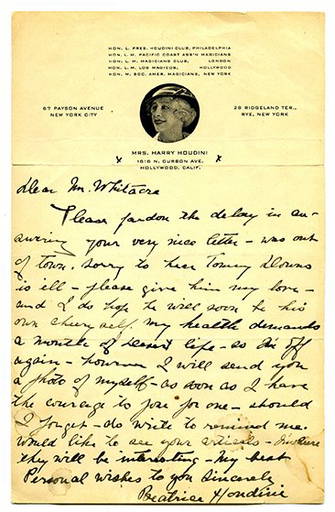 One Page Als From Beatrice Houdini. 1937.