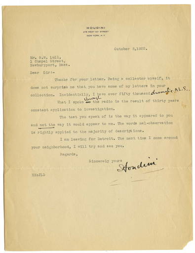 Houdini, Harry. Typed Letter Signed, “houdini,” To R.w.