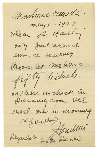 Houdini, Harry. Manuscript Letter Signed, “houdini,” To