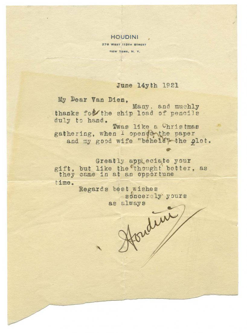 Houdini, Harry. Typed Letter Signed, “houdini,” To - Apr 09, 2016 ...