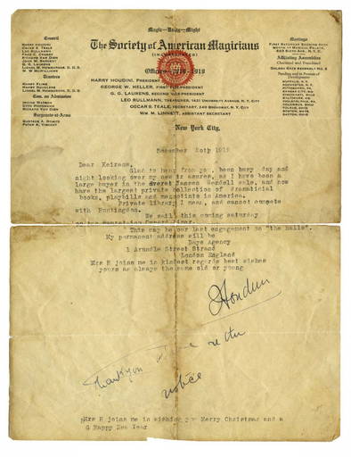 Houdini, Harry. Typed Letter Signed, “houdini,” To A