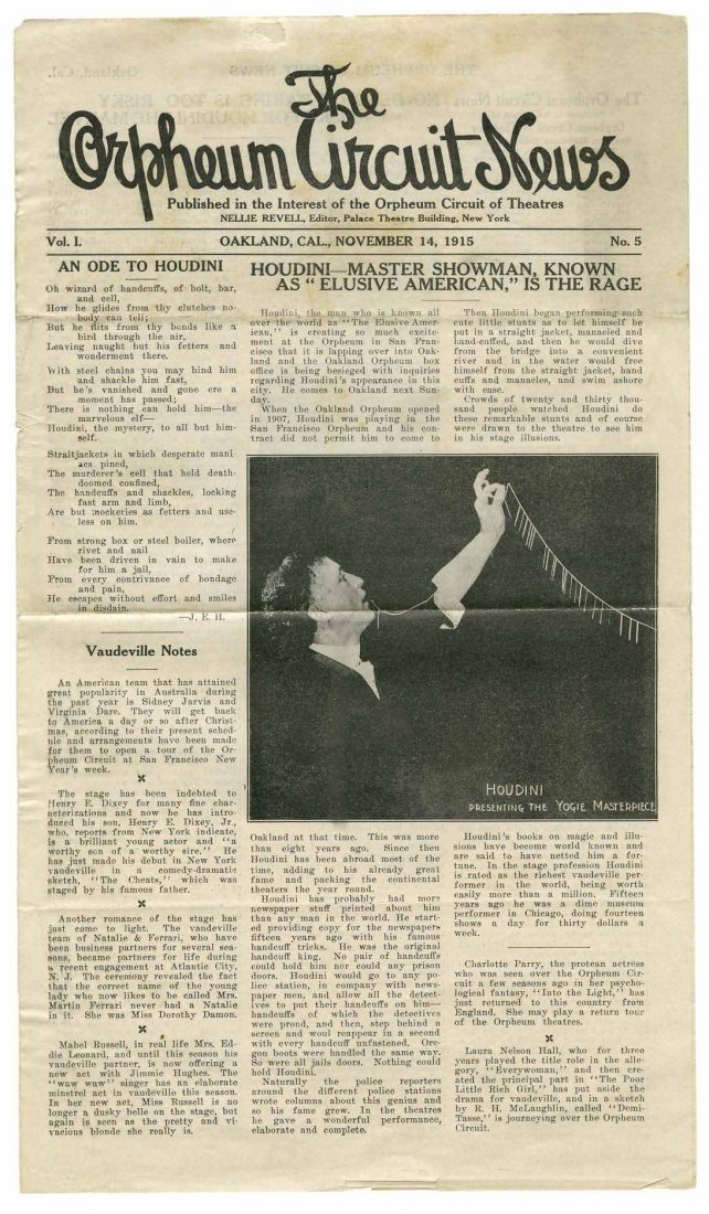 Houdini, Harry. The Orpheum Circuit News. Oakland,