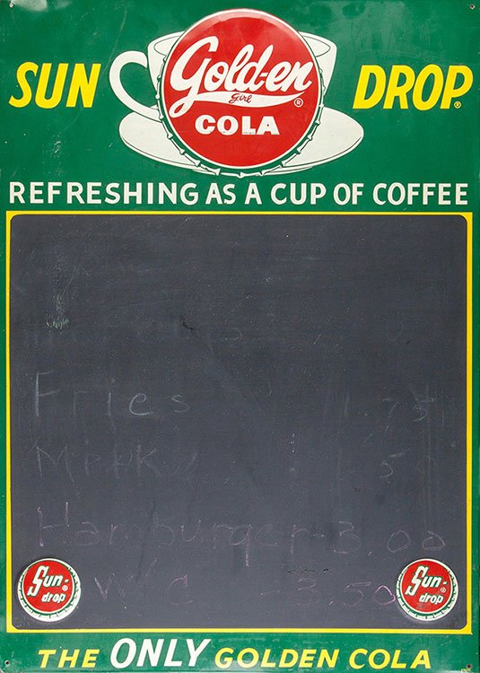 Sun Drop Golden Girl Cola Tin Diner Blackboard Sign.
