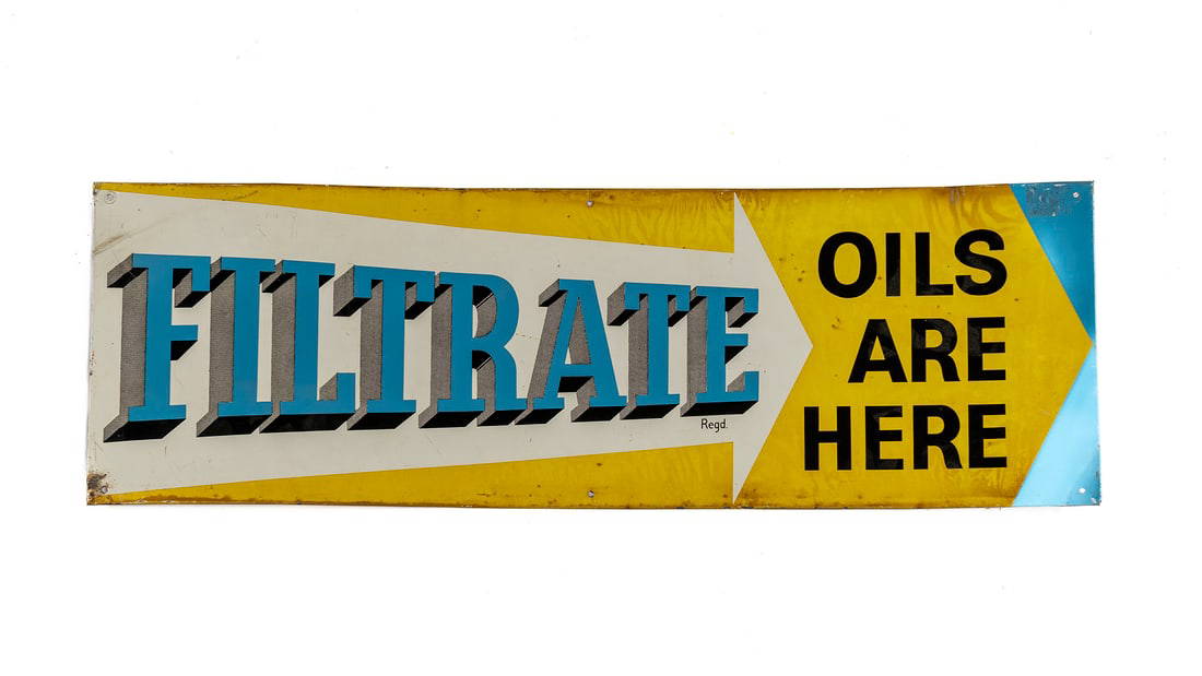 Filtrate Oils Are Here Enamel Sign Auction