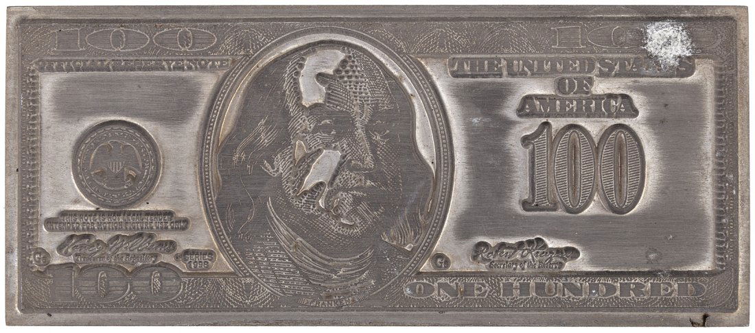 Prop metal $100 dollar bill printing plate from Rush