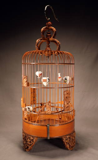 Delicately Carved Vintage Bamboo Bird Cage