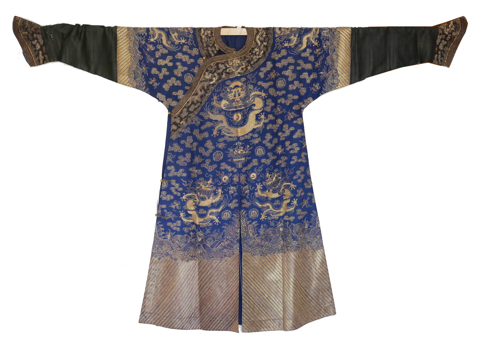A Chinese Late Qing Dynasty Blue Dragon Robe With Gold Thread ...
