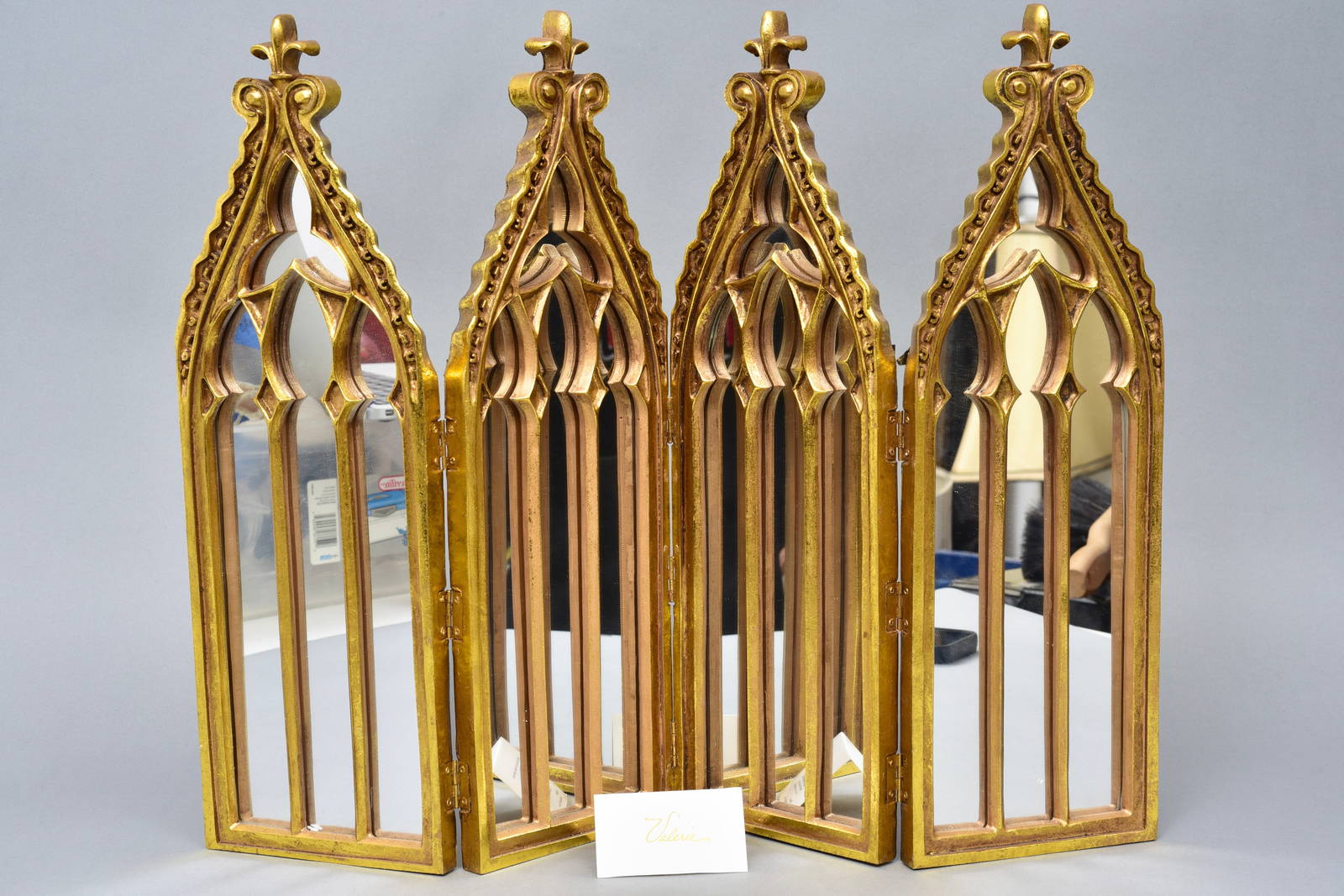 Valerie Cathedral Gold Tone Four Panel Table Top Mirror Auction